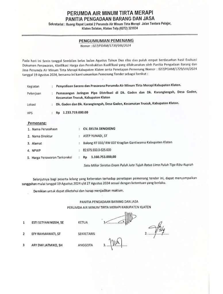 PENGUMUMAN PEMENANG TENDER DK. GADEN. | Perumda Air Minum Tirta Merapi Kabupaten Klaten