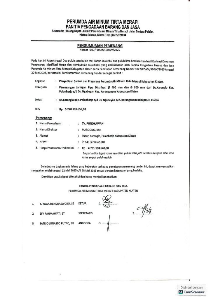 PENGUMUMAN PEMENANG TENDER KARANGLO | Perumda Air Minum Tirta Merapi Kabupaten Klaten