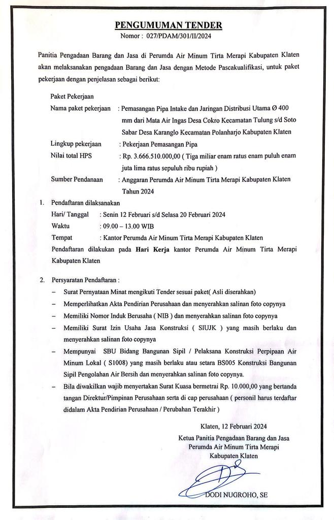 PENGUMUMAN TENDER | Perumda Air Minum Tirta Merapi Kabupaten Klaten