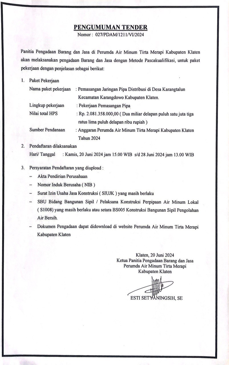 Pengumuman Pengadaan Jaringan Ds. Karangtalun, Kec. Karangdowo | Perumda Air Minum Tirta Merapi ...