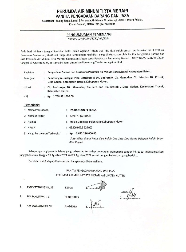 PENGUMUMAN PEMENANG TENDER DK. BODROREJO. | Perumda Air Minum Tirta Merapi Kabupaten Klaten