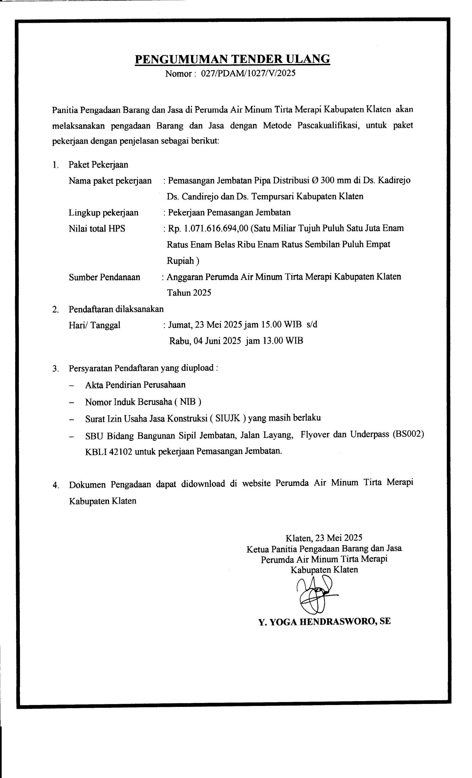 PENGUMUMAN TENDER ULANG JEMBATAN PIPA | Perumda Air Minum Tirta Merapi Kabupaten Klaten